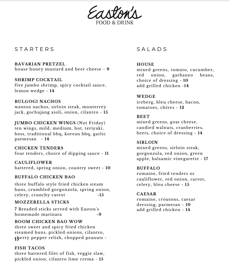 Menu - Easton's Food & Drink